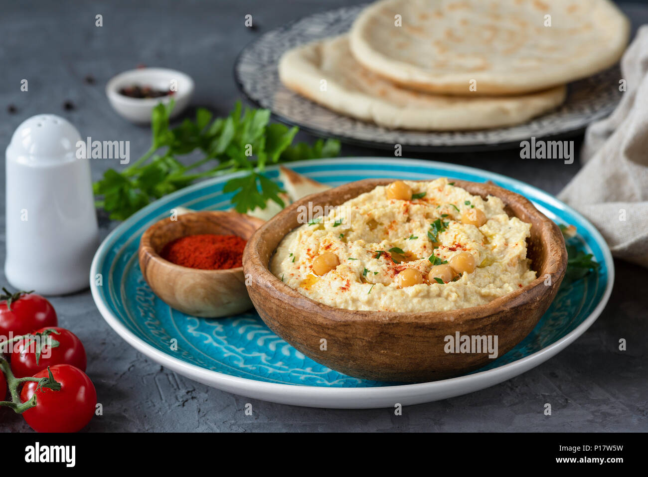 Homemade chickpea hummus and pita bread. Traditional middle eastern ...