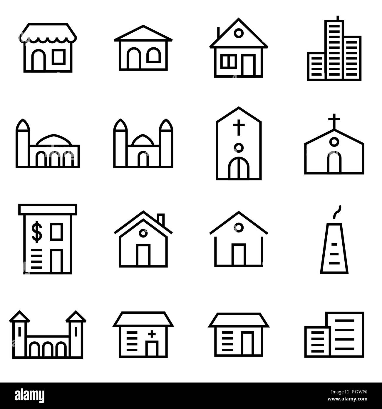 Building icon set lined simple flat style illustration Stock Vector ...