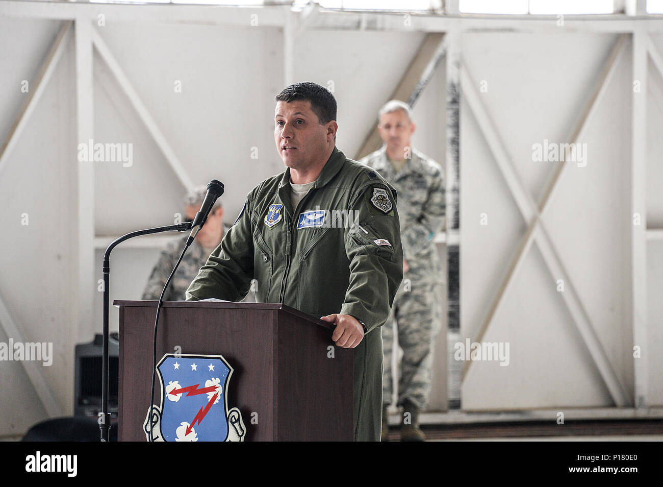 U.S. Air Force Lt. Col. Daniel Wittmer addresses the Airmen of the 194th Fighter Squadron after ...