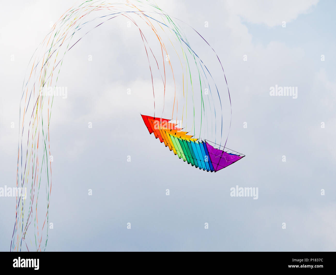 Stack of 16 2-line delta stunt kites with long tails in the colours of ...