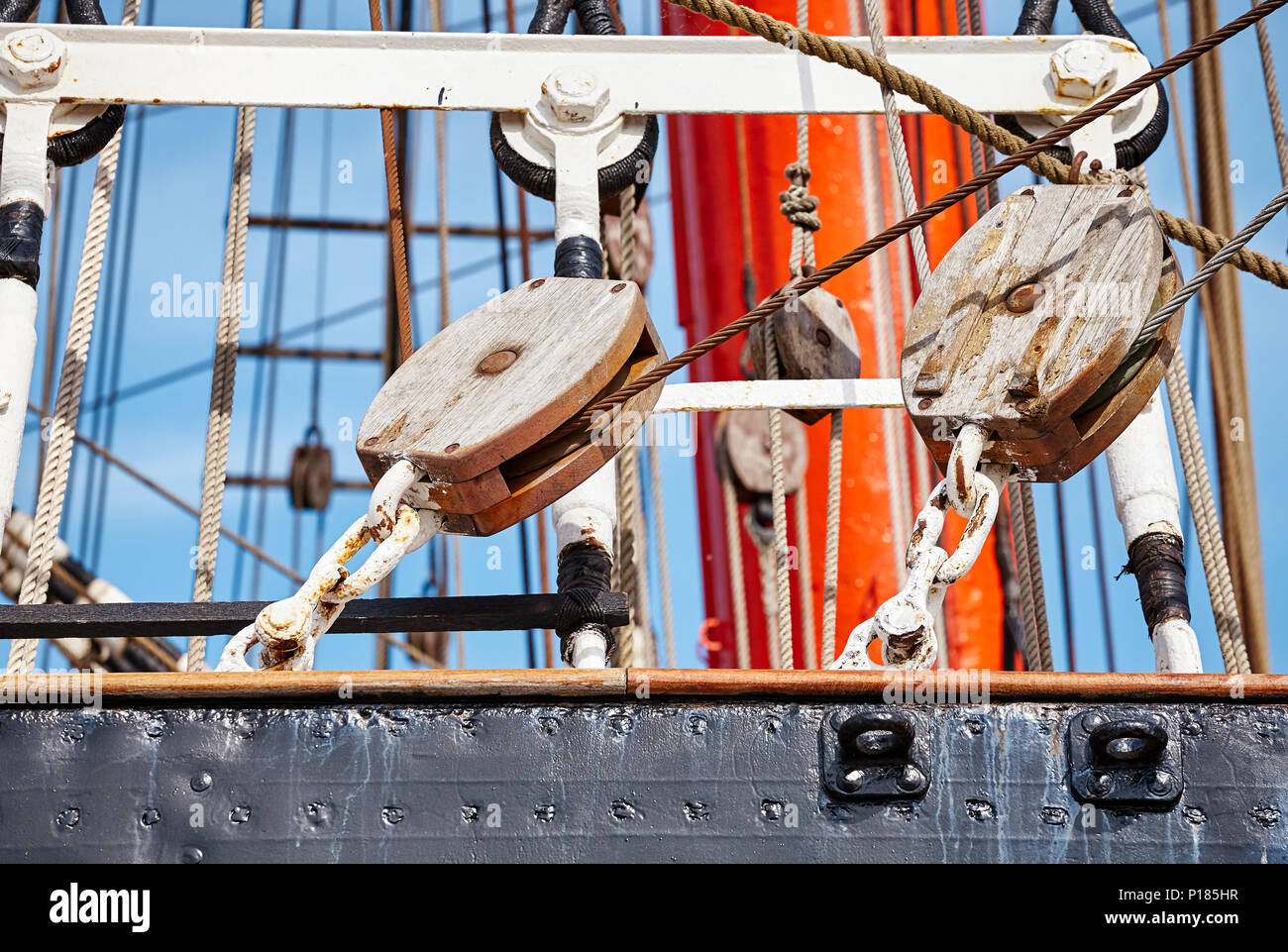 Close up picture of old sailing ship details, selective focus Stock ...
