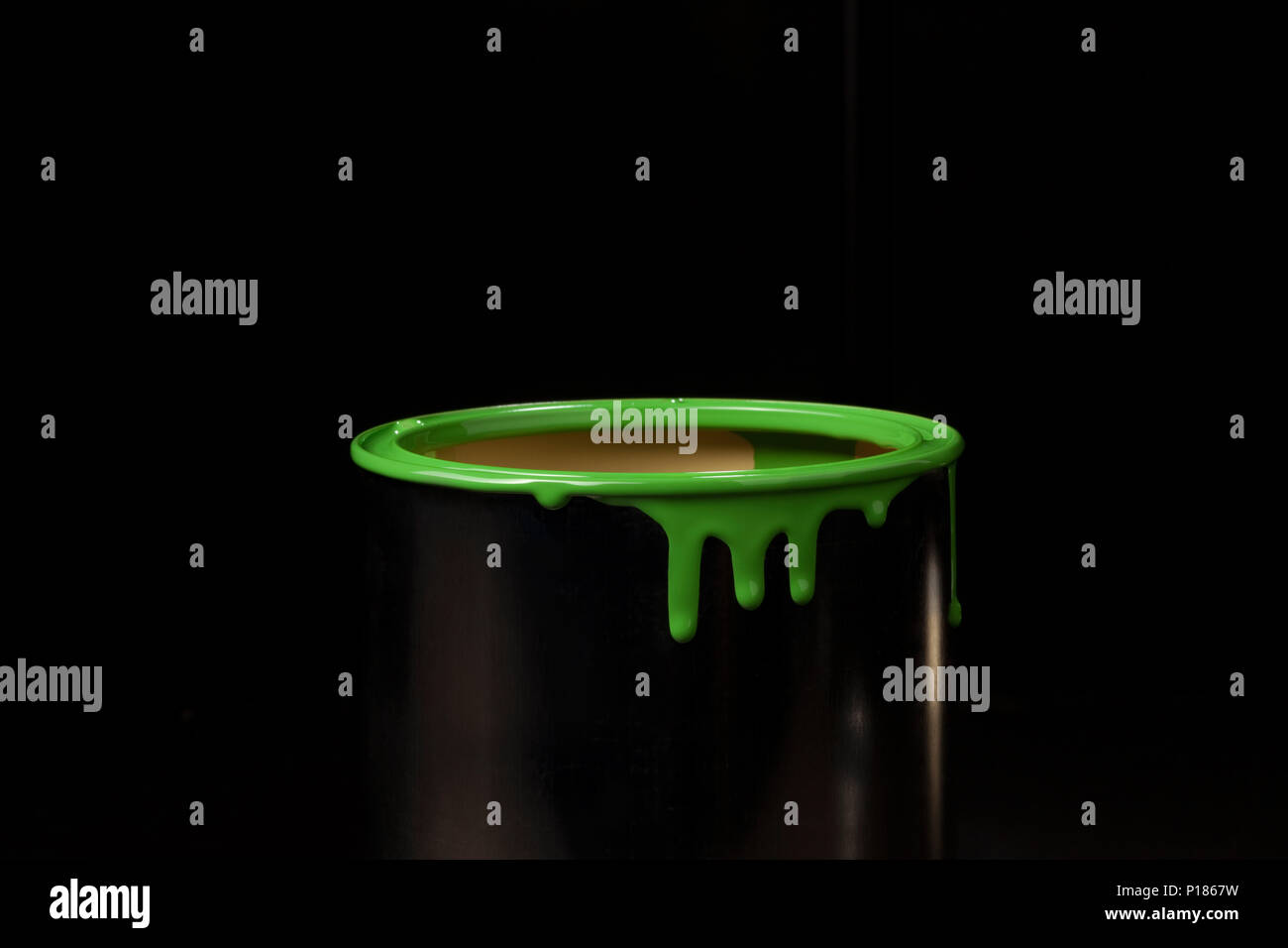 Colorful paint leaking down on wall of metal bucket. Isolated over ...