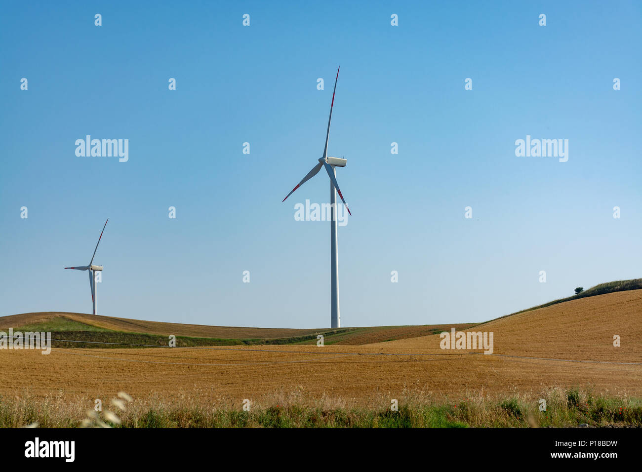 Modern wind farm with big wind turbines towers, source for renewable ...