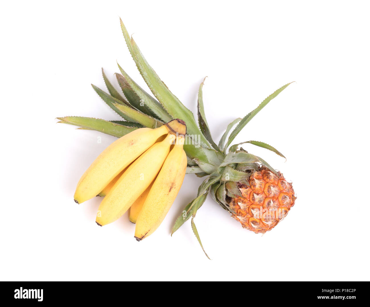 Small tropical banana cluster with baby pineapple, isolated on white ...
