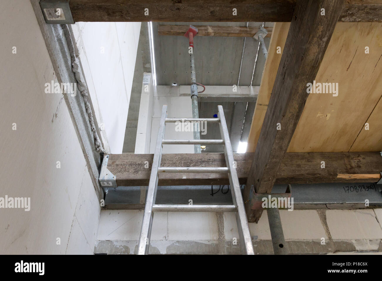 Building site with house under construction - Stairs to the first floor ...