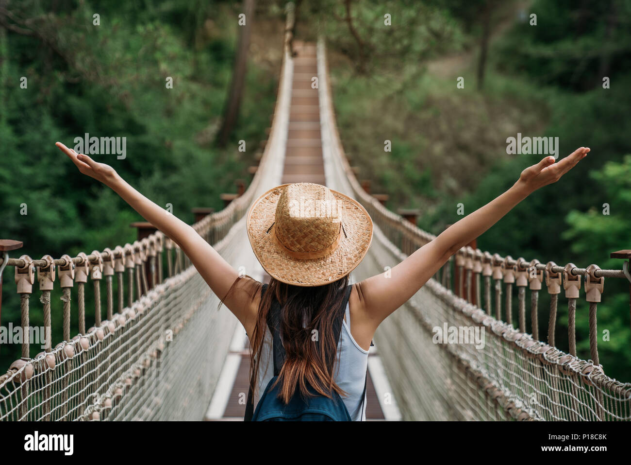 Happy travel woman on vacation concept. Funny traveler enjoy her trip ...