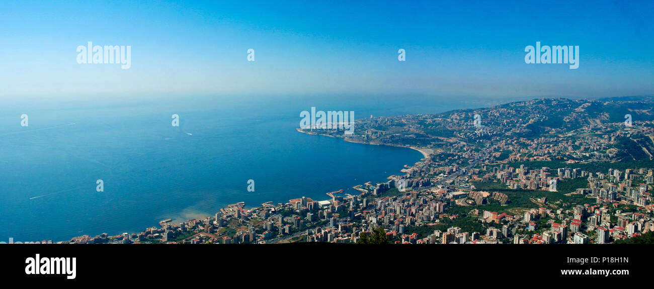 Aerial panoramic view to Jounieh city and bay from Harissa mountain ...