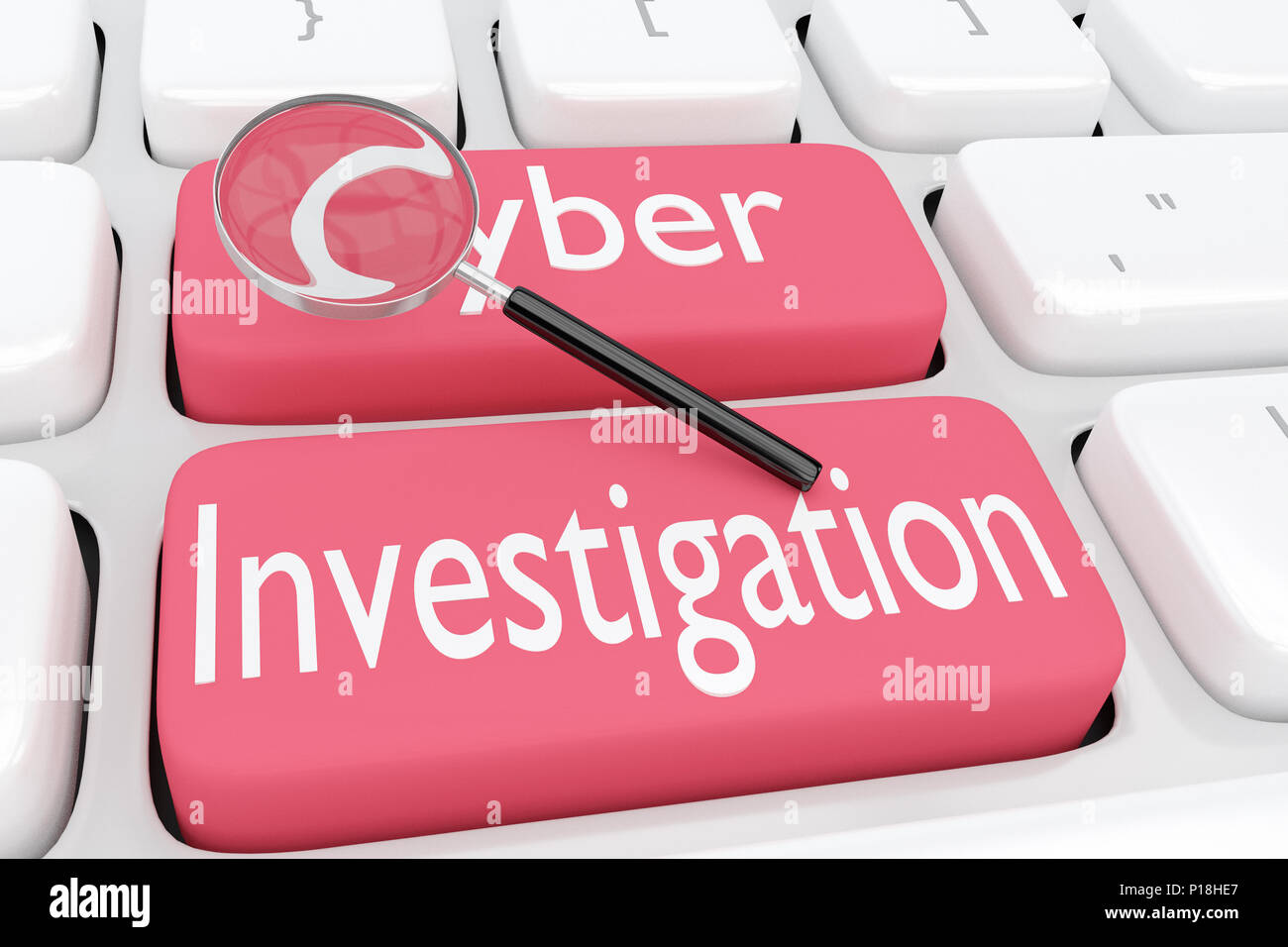 3D illustration of computer keyboard with the script Cyber Investigation on two adjacent red ...