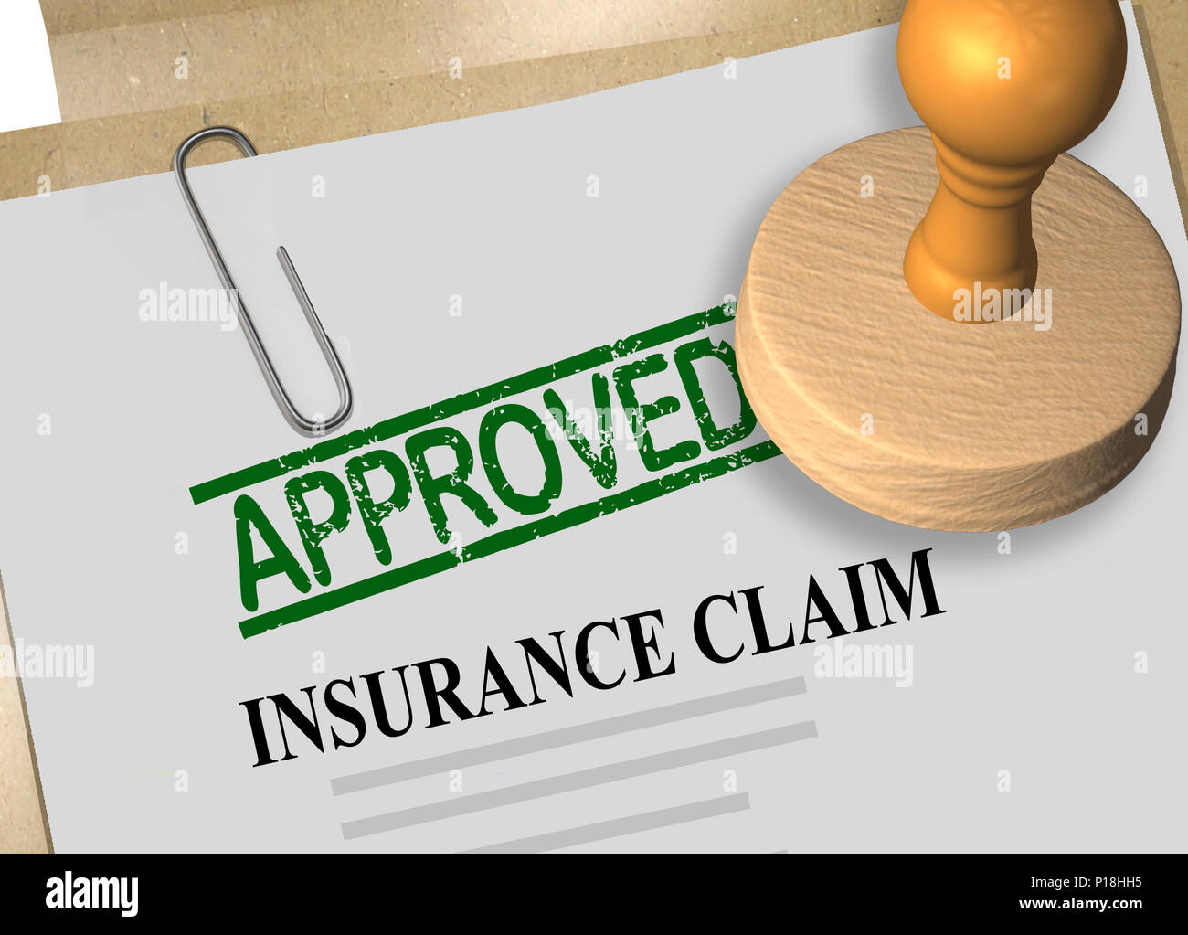 3D illustration of APPROVED stamp title on insurance claim document ...