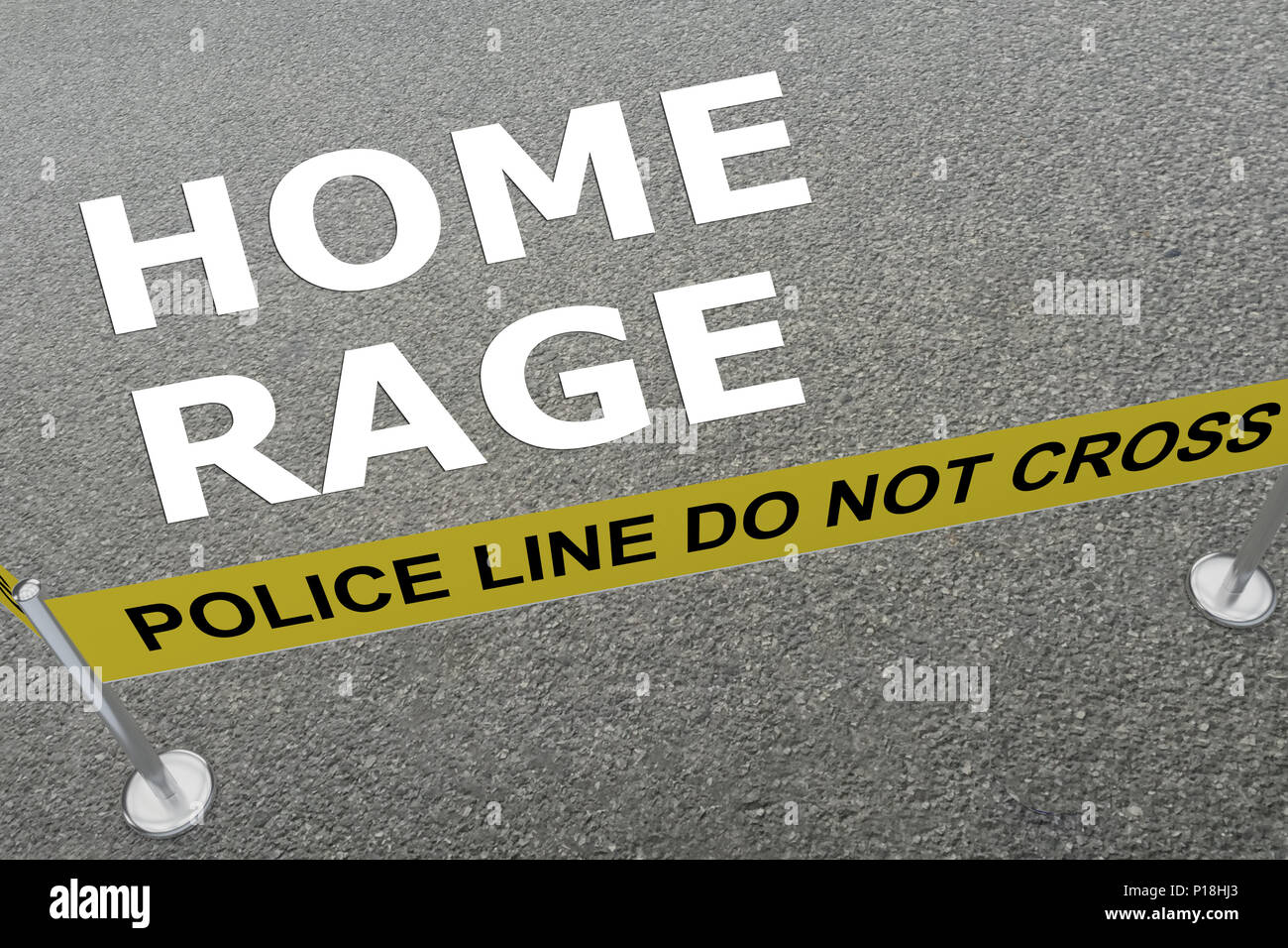3D illustration of HOME RAGE title on the ground in a police arena ...