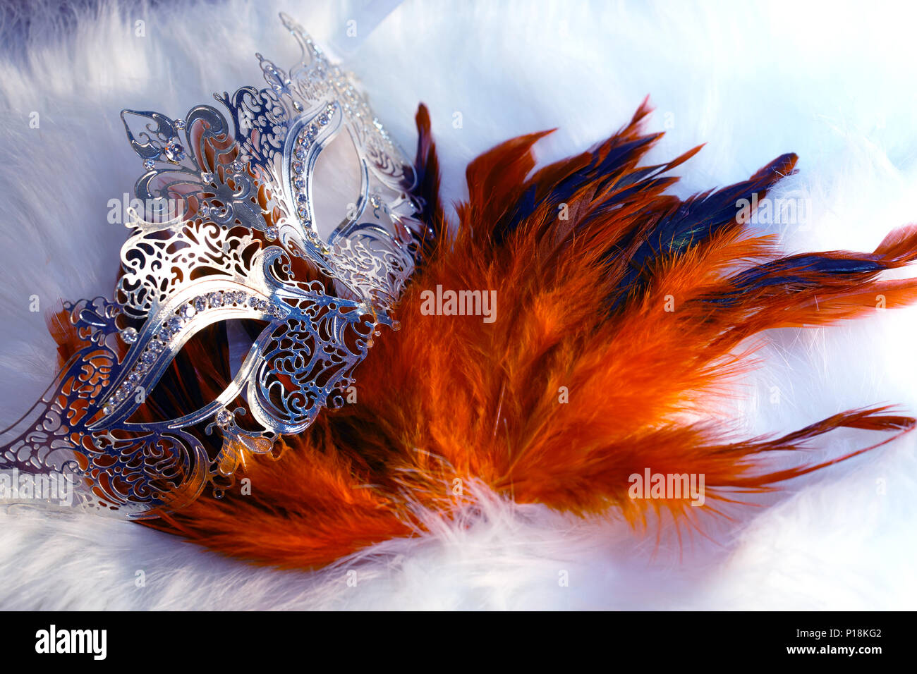 beautiful filigrane ornamental silver venice mask with radiant feathers ...