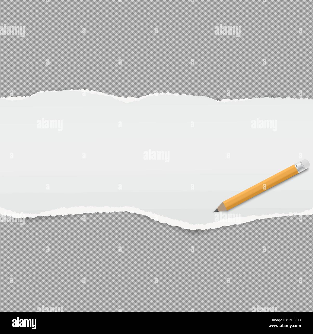 White torn oblong paper strip placed one squared background, paper for ...