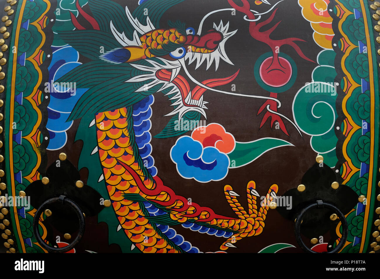 Detail of a richly painted Korean Drum Called Buk at the Gyeongbokgung ...