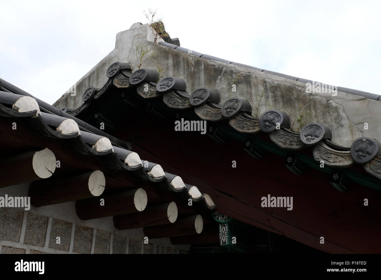 Ornate roof shingles in Bukchon Hanok a Korean traditional village ...