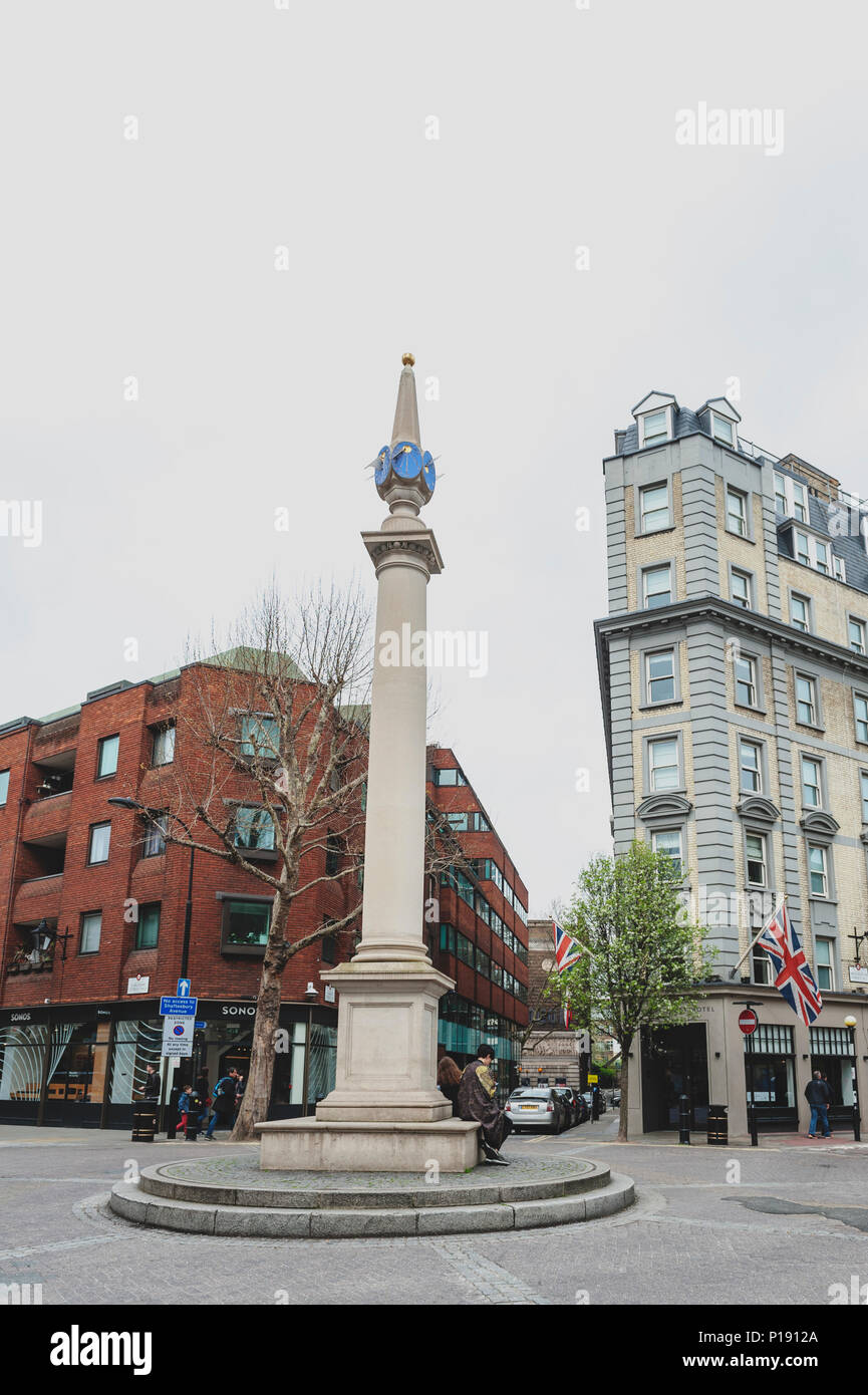A sundial pillar at Seven Dials, a small road junction in Covent Garden ...
