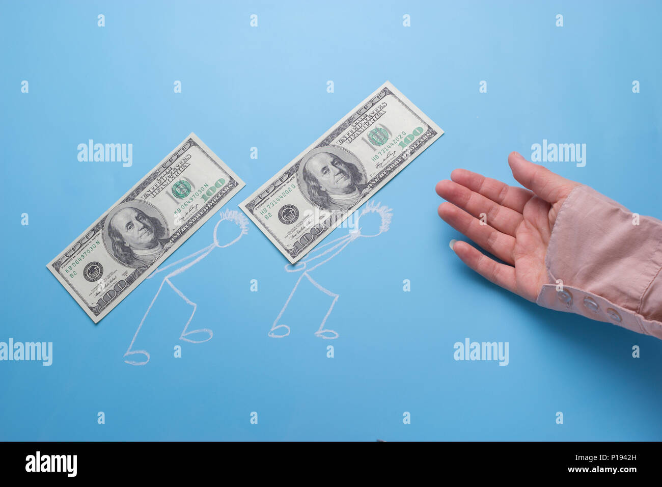 drawing people carry money to woman hand Stock Photo - Alamy