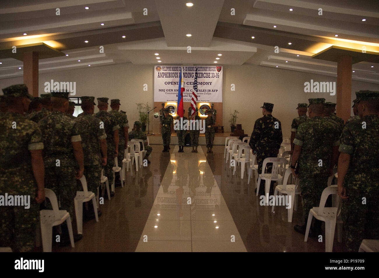 U.S. and Philippine Marine color guard members rehearse for the ...