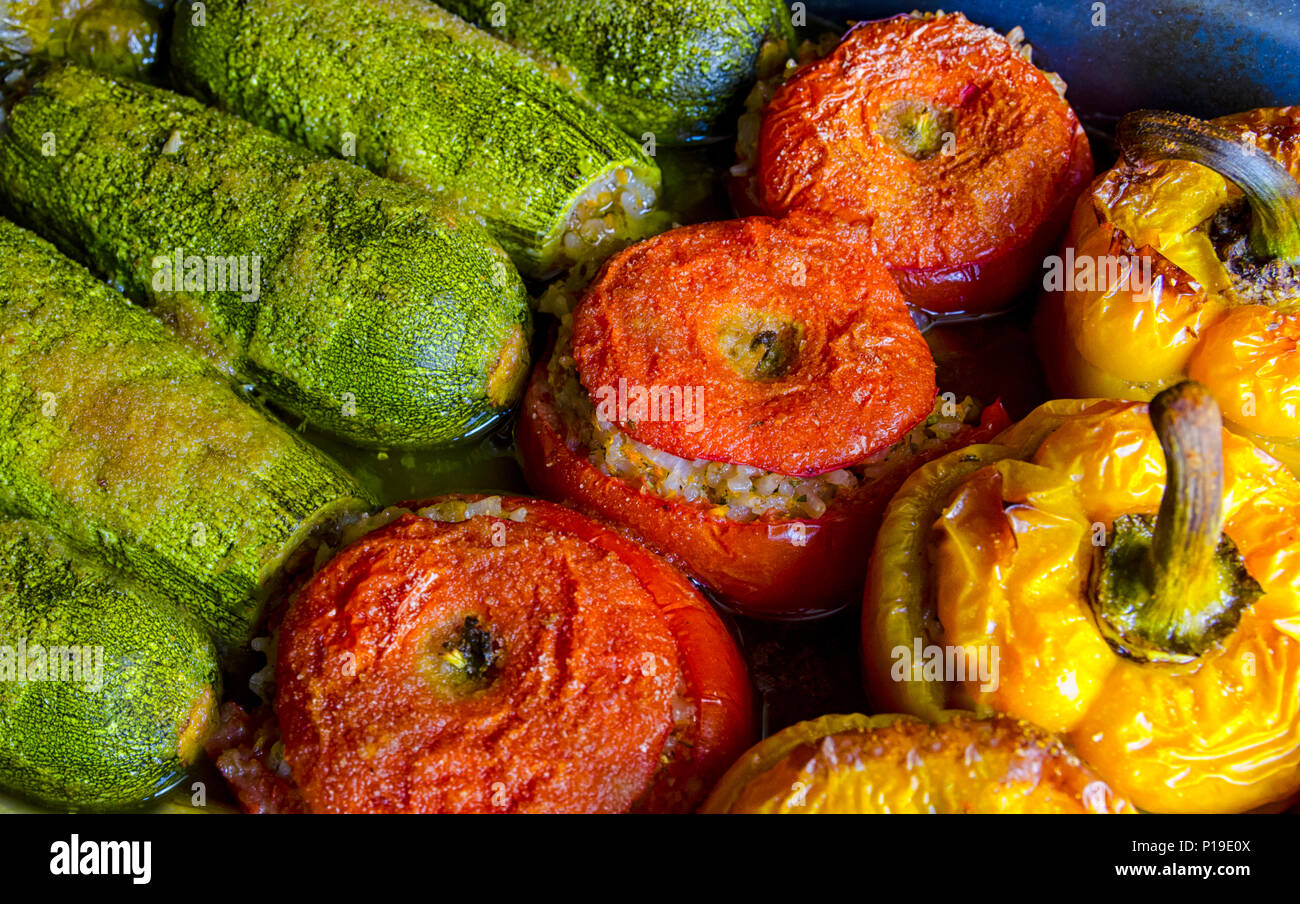 Greek traditional food Gemista already cooked in the oven. Stuffed ...