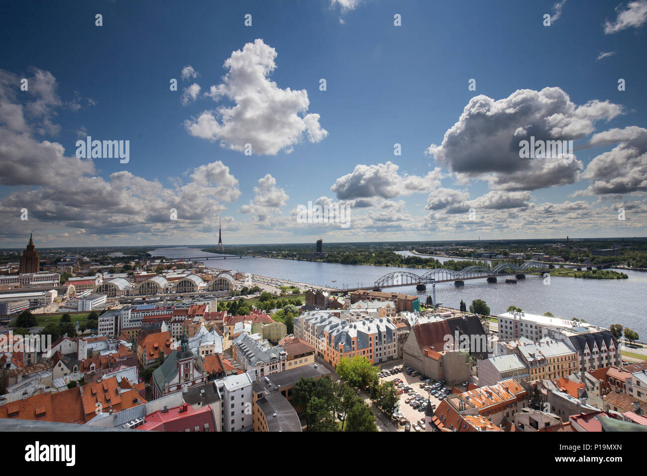 Riga city view with Railway bridge, central market and TV tower from St ...