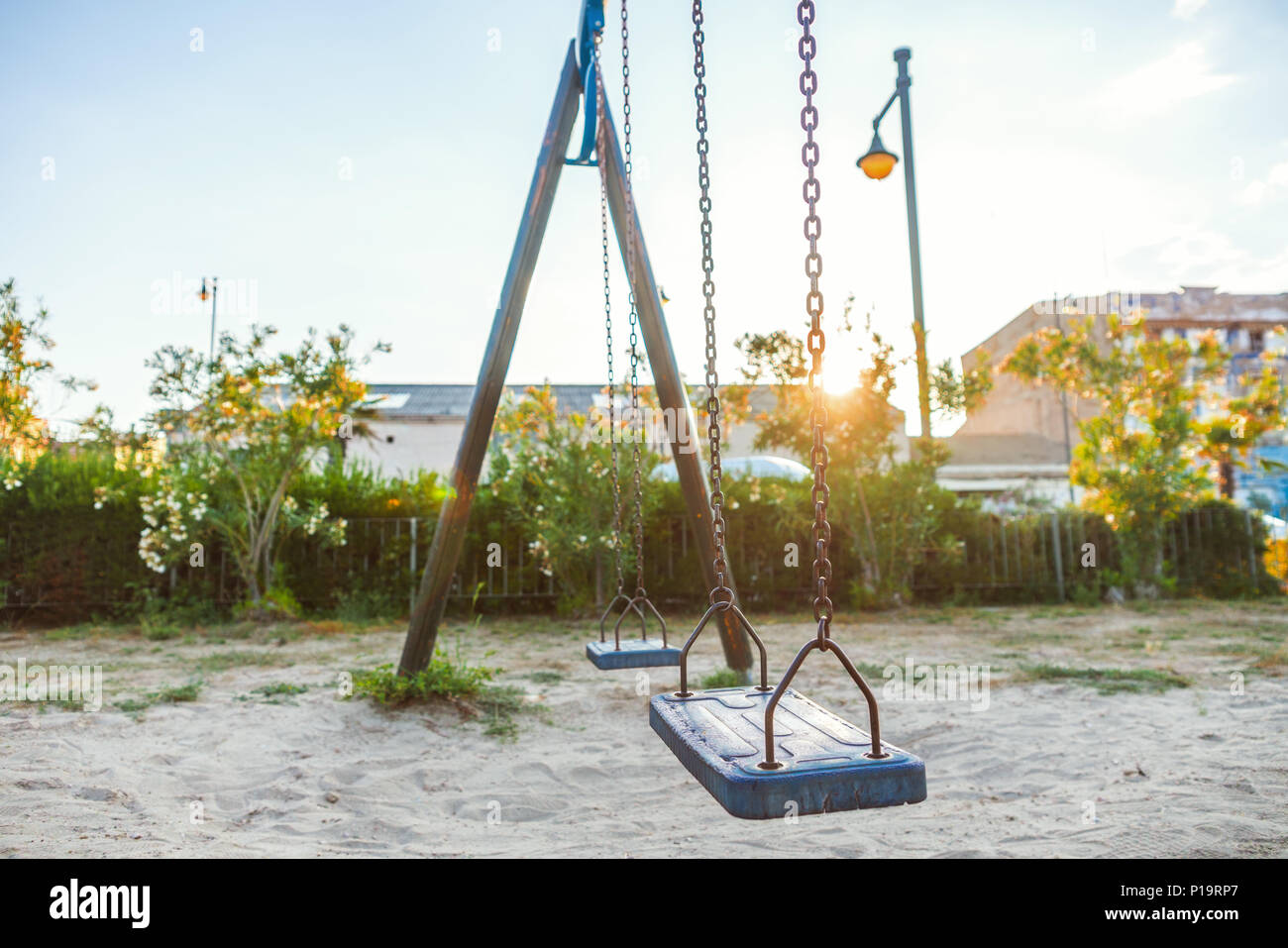 Park with swings on the seafront of Malvarosa. Valencia, Spain Stock ...