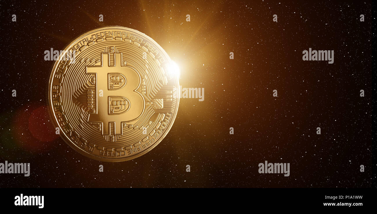 Bitcoin in space with rising sun behind Stock Photo - Alamy