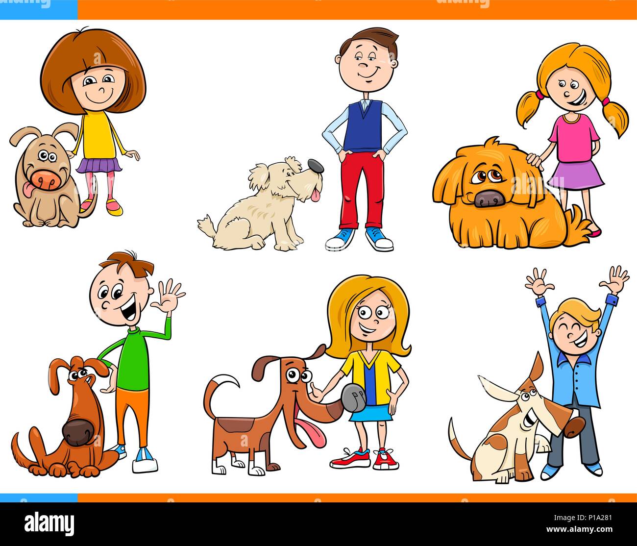 Cartoon Illustration of Children with Dog Characters Set Stock Vector ...
