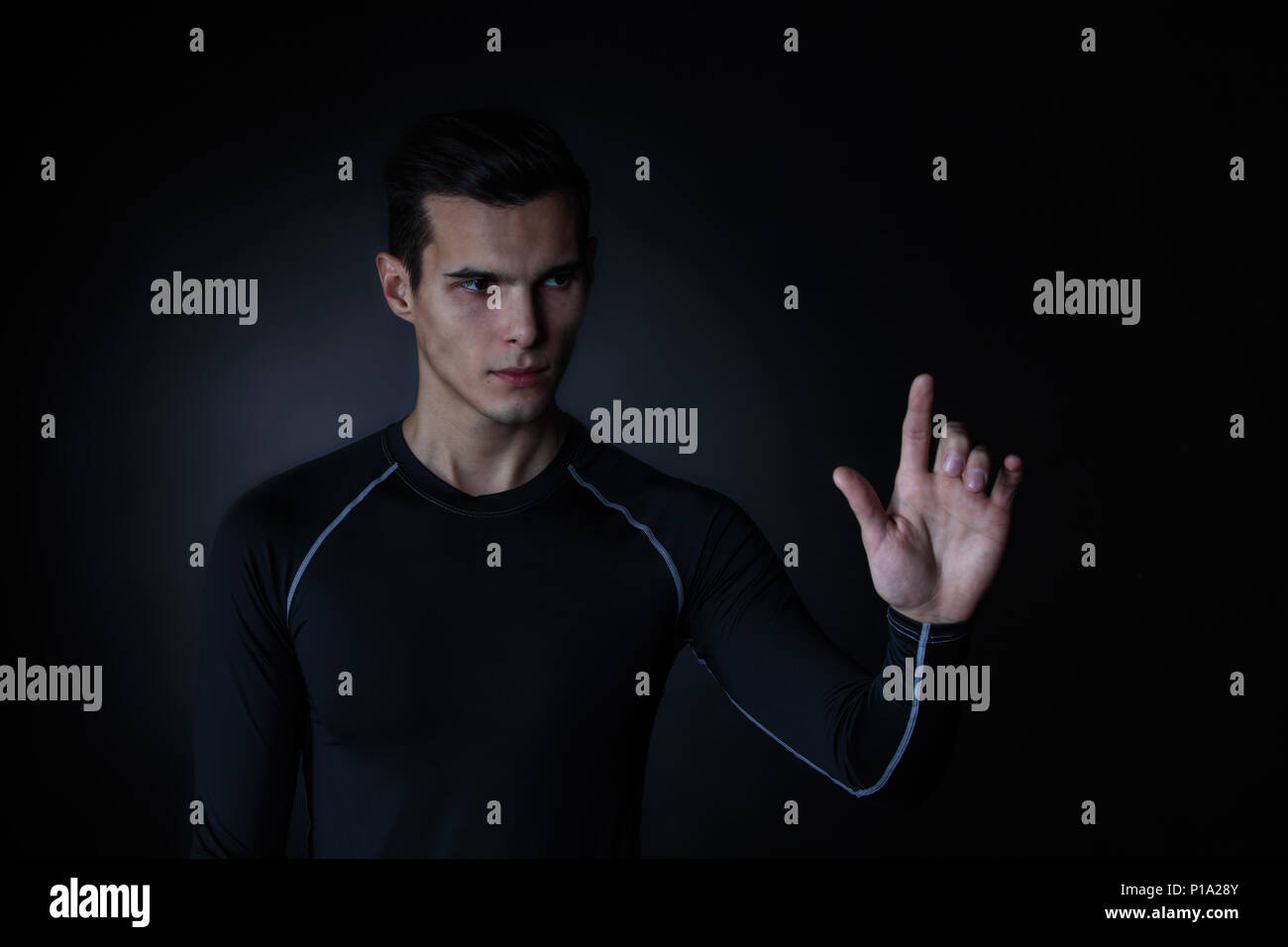 Man touching futuristic invisible display, innovation, future concept ...