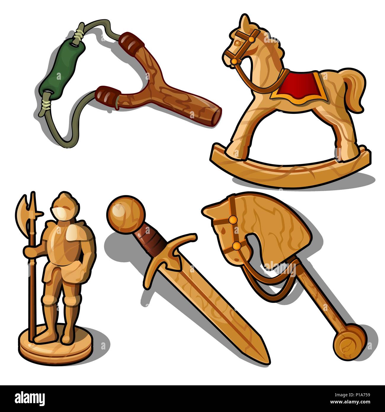 Set of toys made of wood isolated on white background. Vector ...