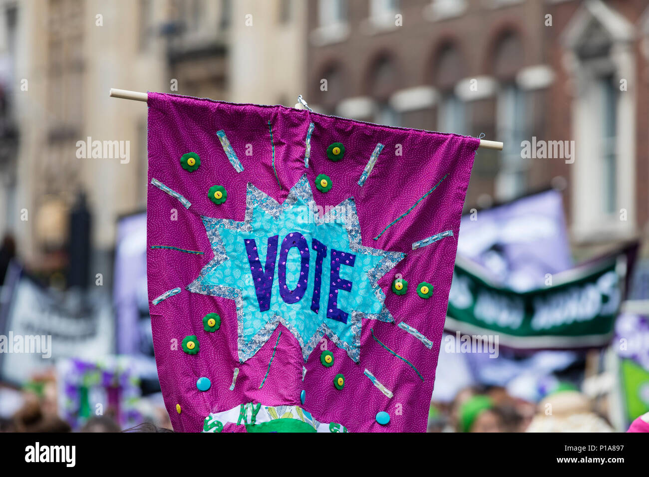 A vote banner raised in the air at a political protest march Stock ...