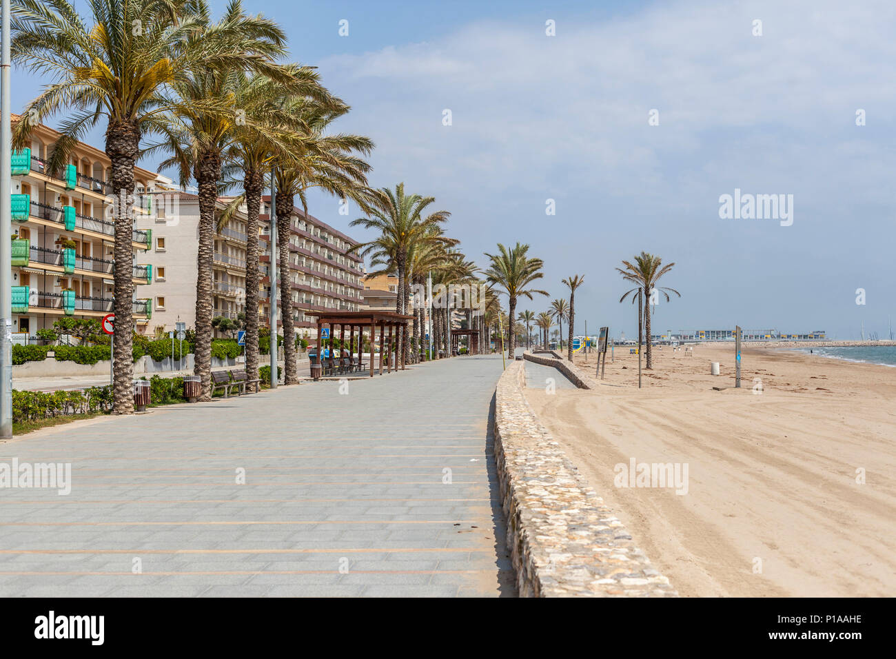 Maritime promenade and mediterranean beach in catalan village of Costa ...