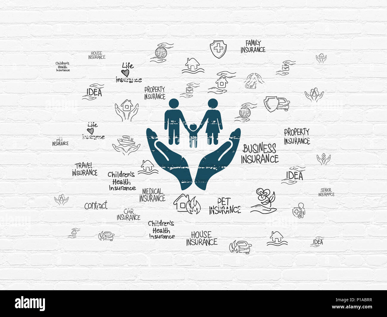 Insurance concept: Family And Palm on wall background Stock Photo - Alamy