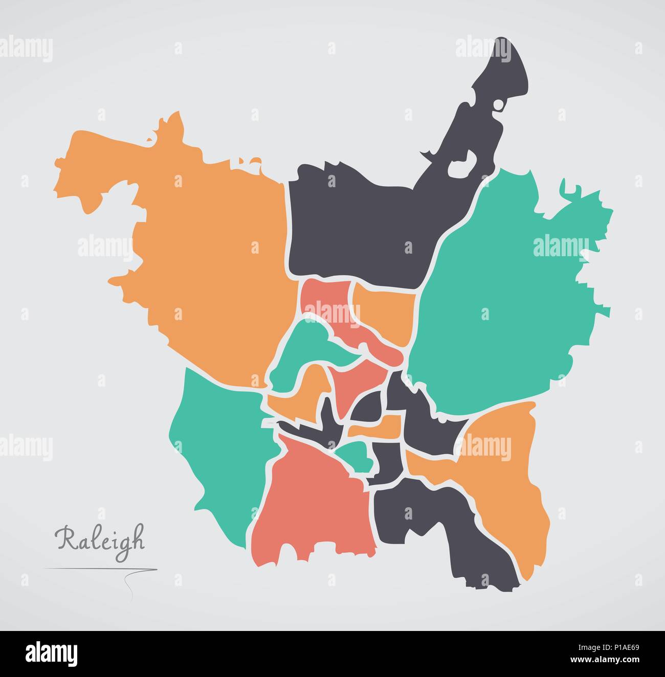 Raleigh North Carolina Map with neighborhoods and modern round shapes ...