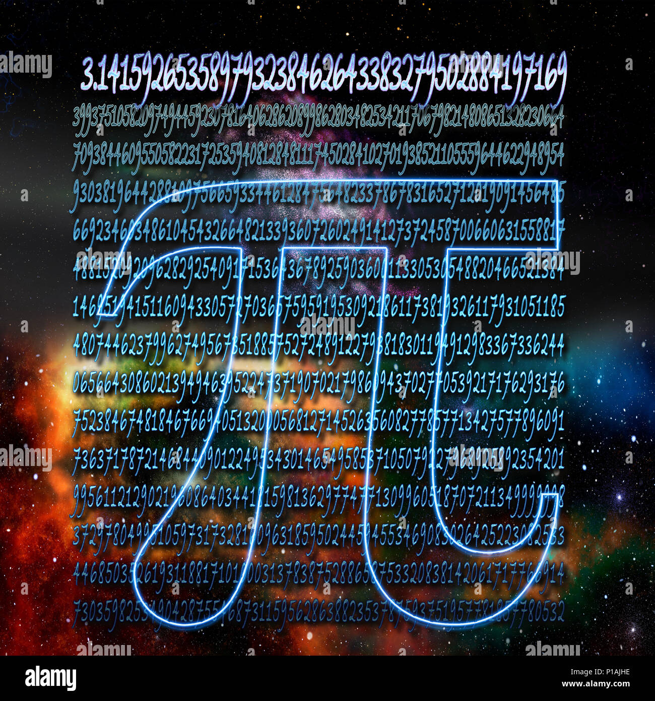 Digitally enhanced image of Greek letter Pi mathematical sign in space ...