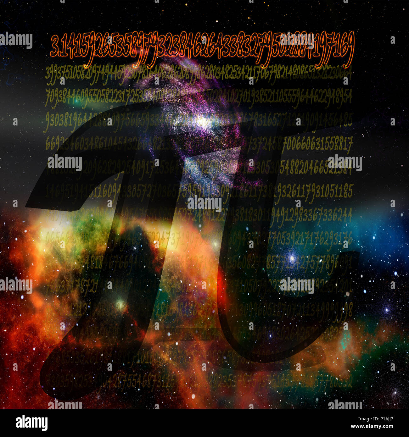 Digitally enhanced image of Greek letter Pi mathematical sign in space ...