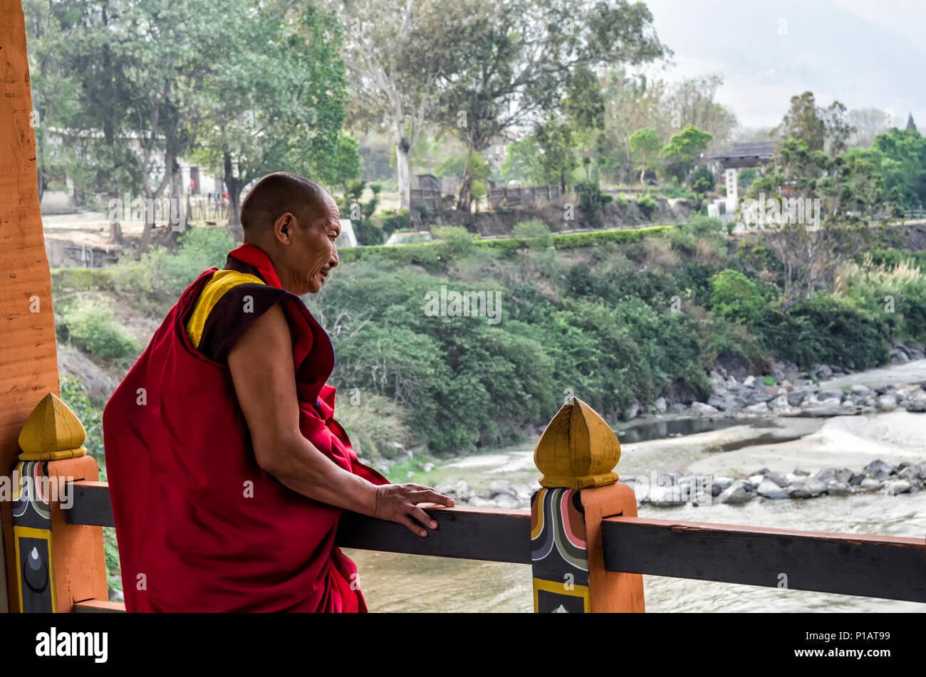 Punakha, Bhutan - April 10, 2016: An unidentified buddhist monk with ...