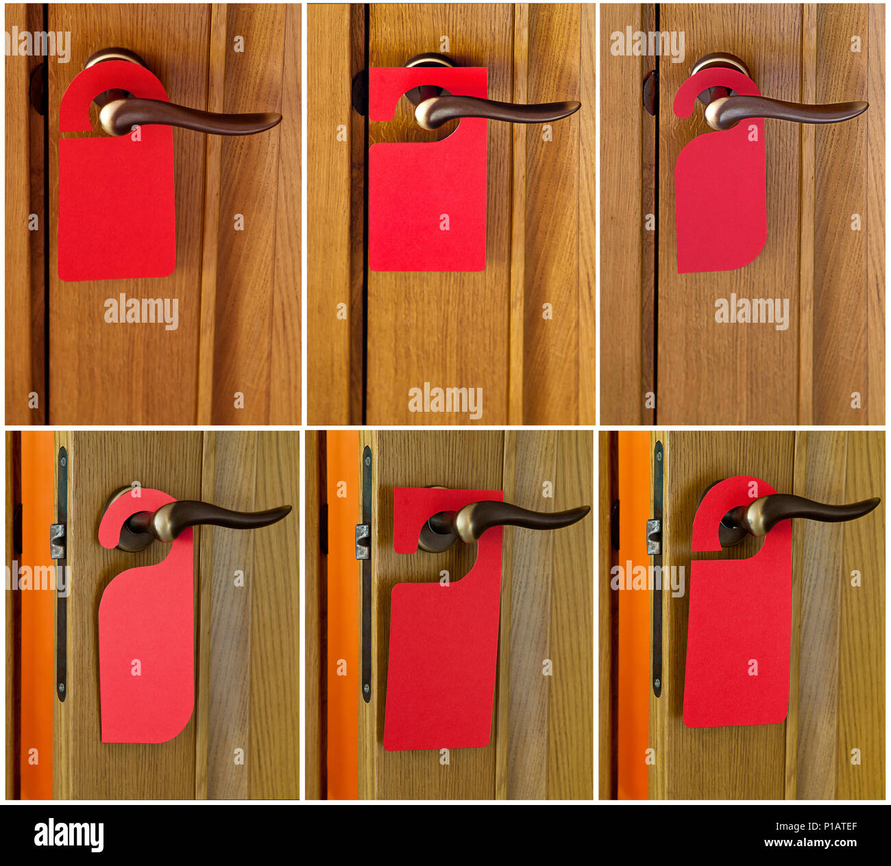 Set of Hotel door handle with red paper hanger Stock Photo - Alamy