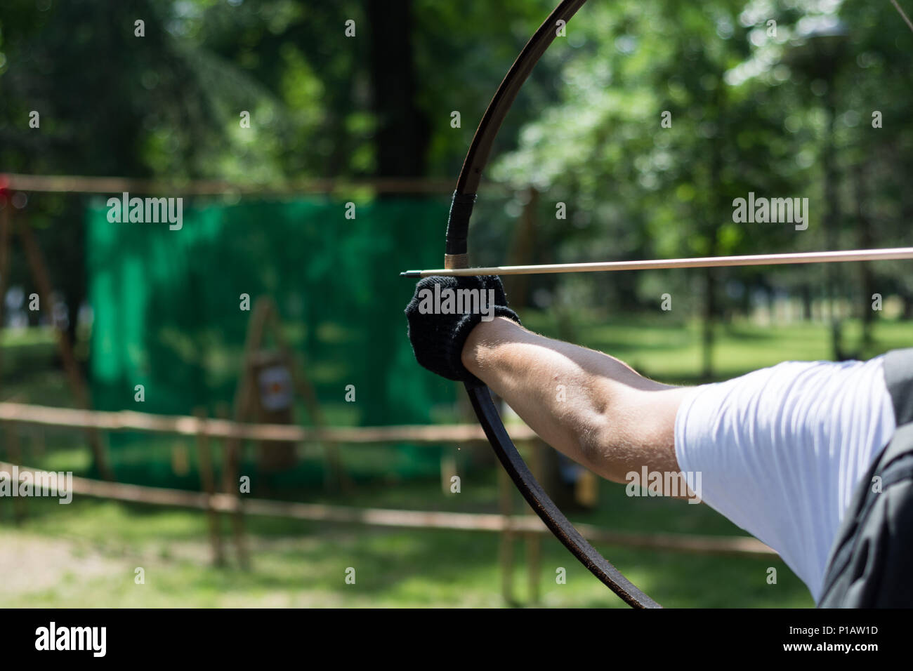 Archer hands with wooden bow shoot arrow. Archery tournament in forest ...