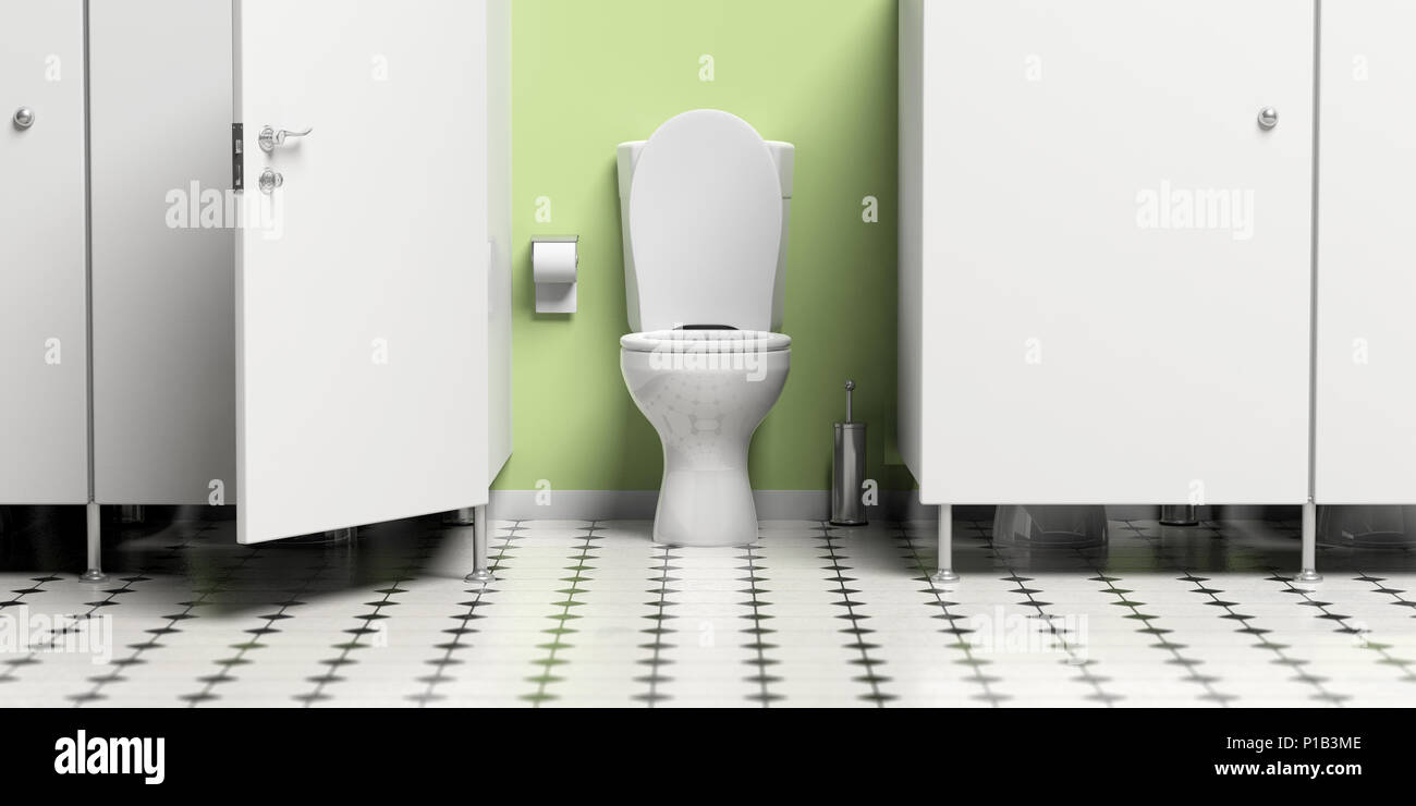 WC. Water closet with open door and white toilet bowl. 3d illustration ...
