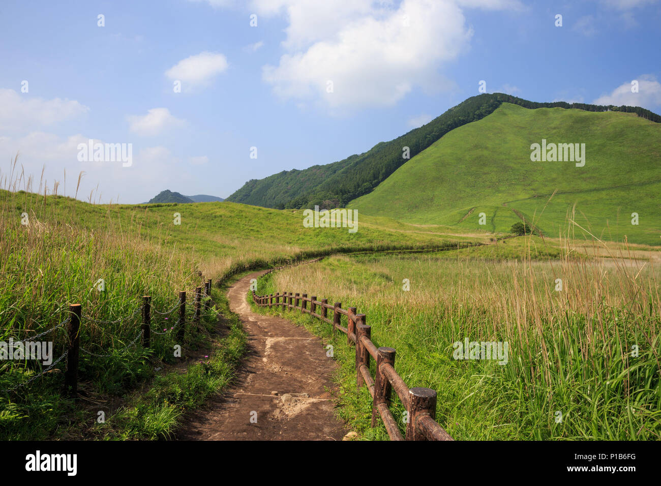 Winding dirt trail with wooden fence leads up steep grassy hill in Soni ...