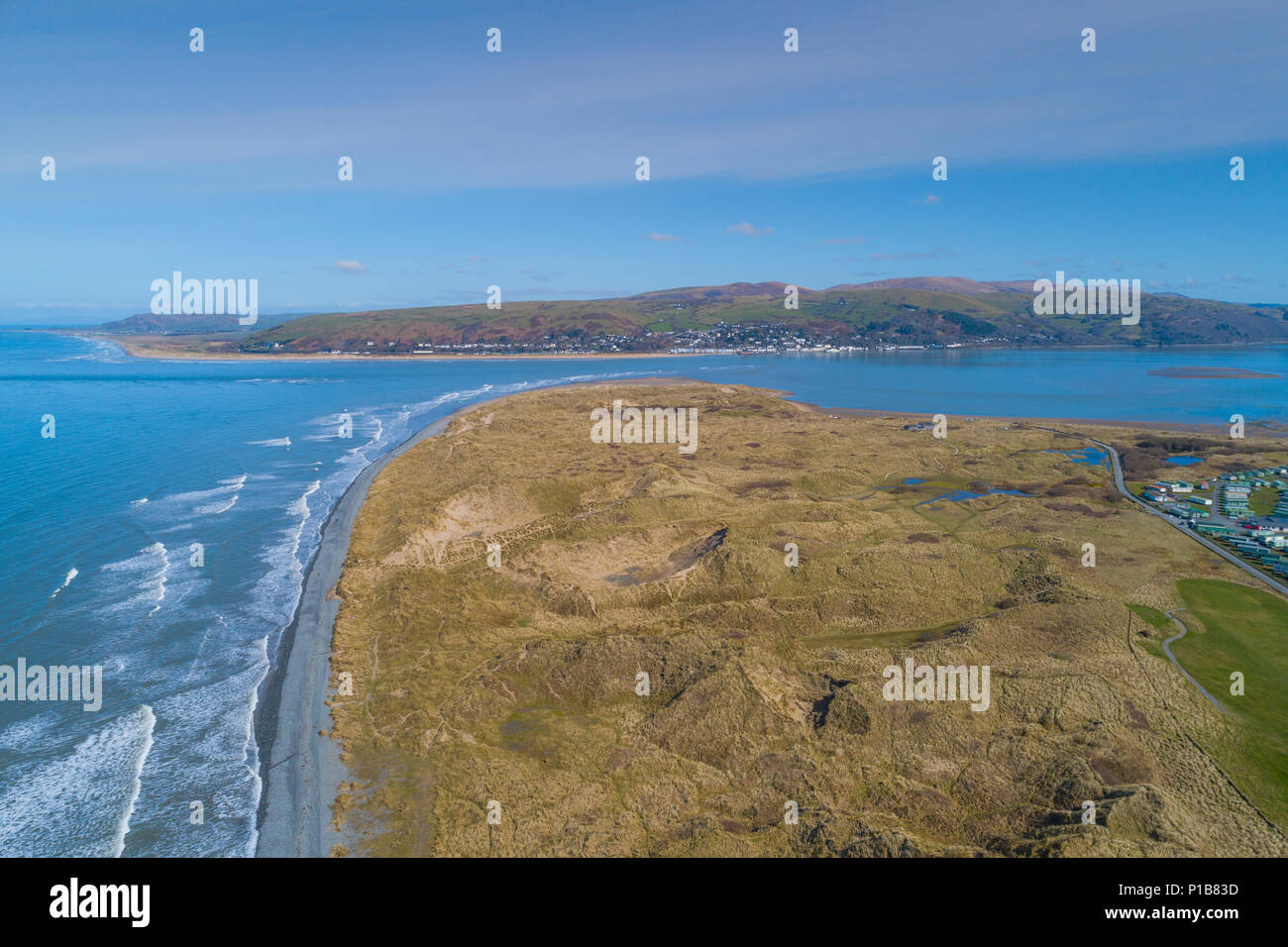 Aerial photograph of the Dyfi estuary and Ynyslas dunes and nature ...