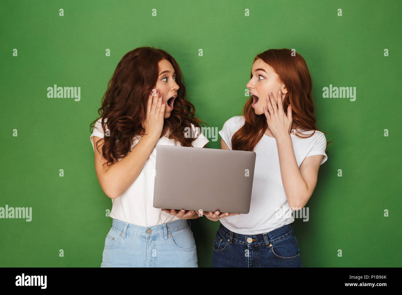 Portrait of two shocked young redhead girls holding laptop computer and ...