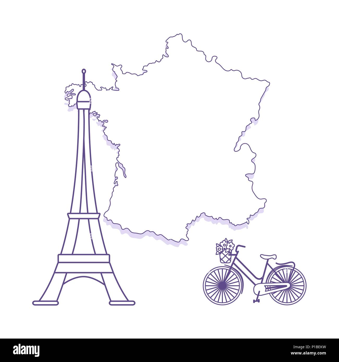 Map of France, famous tower of Paris, bicycle with a basket of flowers ...