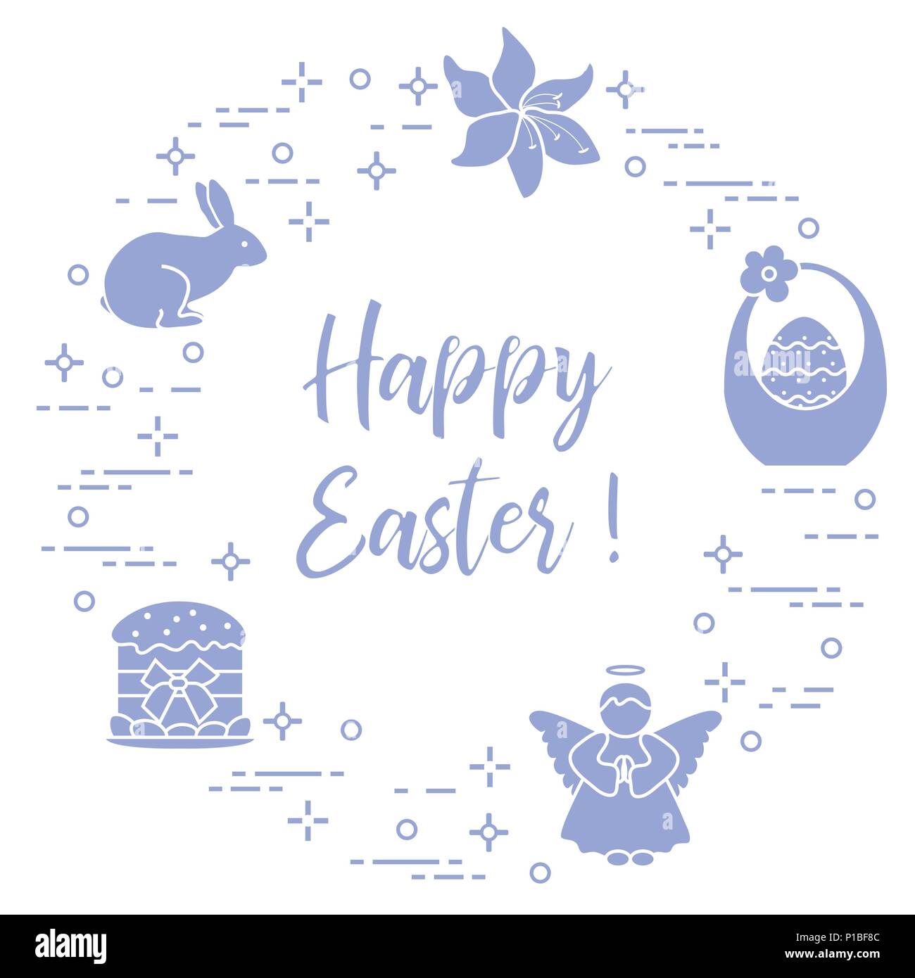 Easter symbols. Easter cake, basket, eggs, rabbit, flowers, angel Stock ...