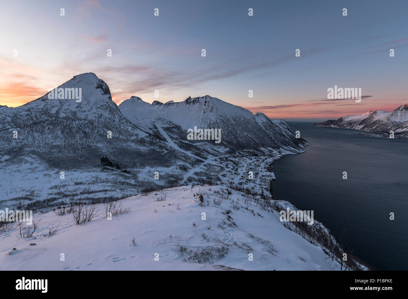 View from Mount Barden to Mount Segla and the Oyfjord at sunset, Senja ...