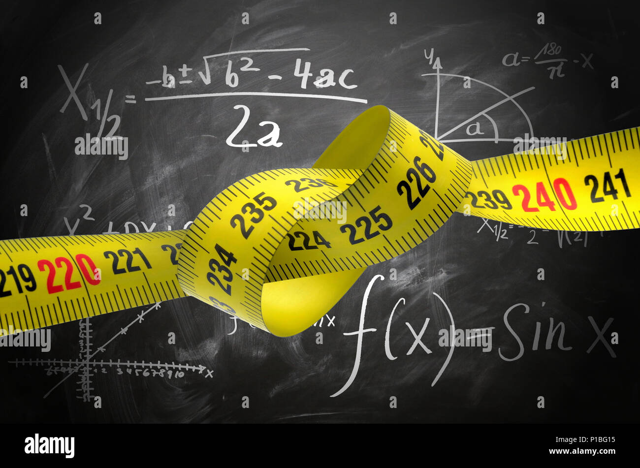 tangled tape measure with school blackboard Stock Photo - Alamy