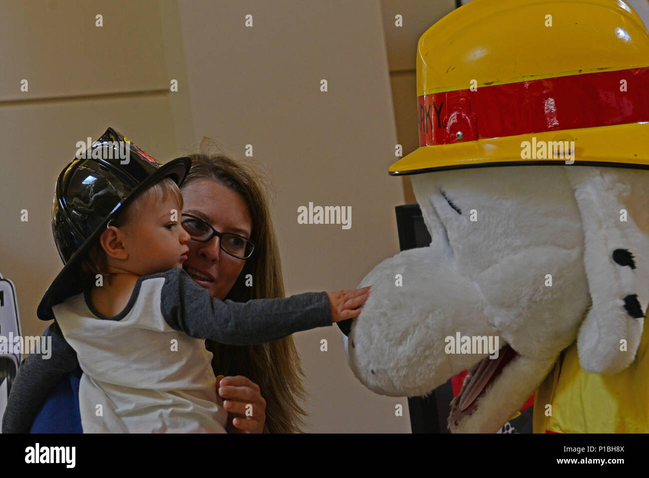 A Team Shaw member pets Sparky, the Fire Prevention Dog, at The ...