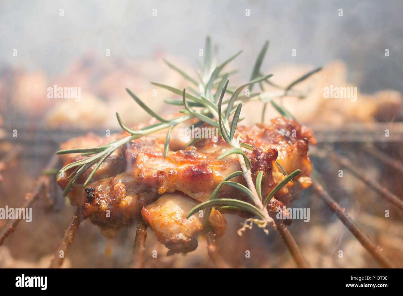 Grilled Deboned Chicken Meat On Smoking Barbecue With Rosemary Stock ...