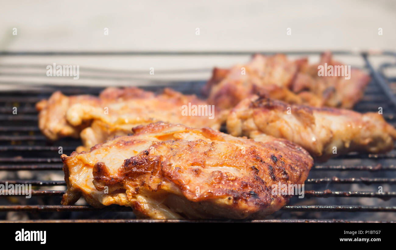Grilled Deboned Chicken Meat On Smoking Barbecue With Rosemary Stock ...