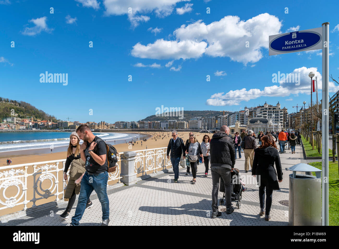 San Sebastian beach. Seafront promenade along Playa de la Concha, San Sebastian, Basque Country ...