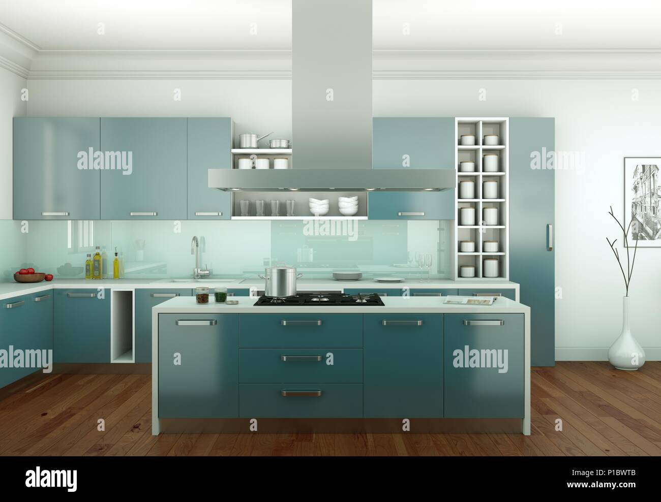 Blue modern kitchen in a room with stone wall Stock Photo - Alamy